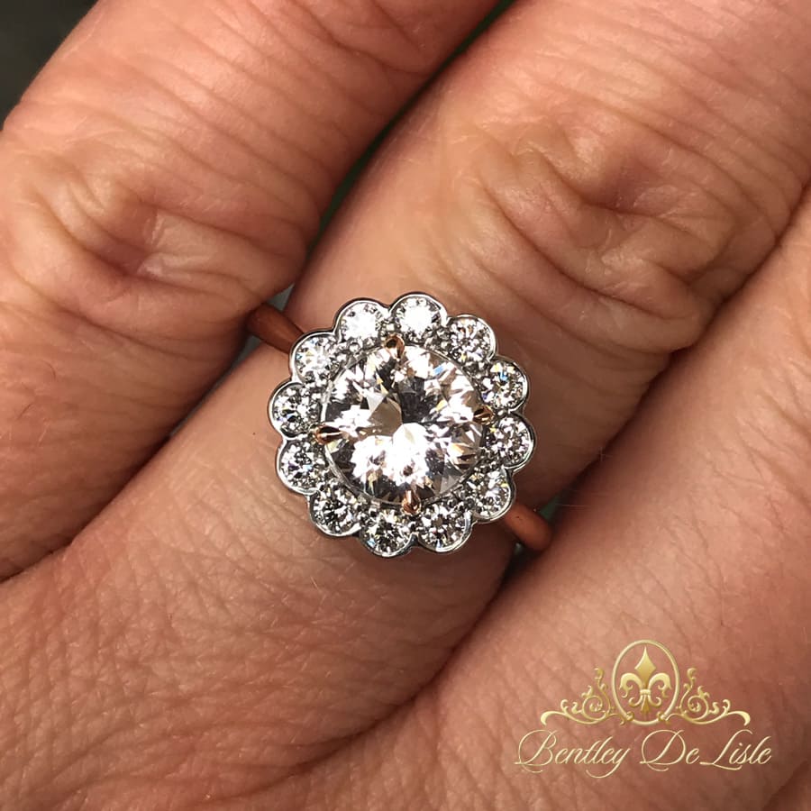 Peach Sapphire Halo Diamond Ring - Bentley De Lisle