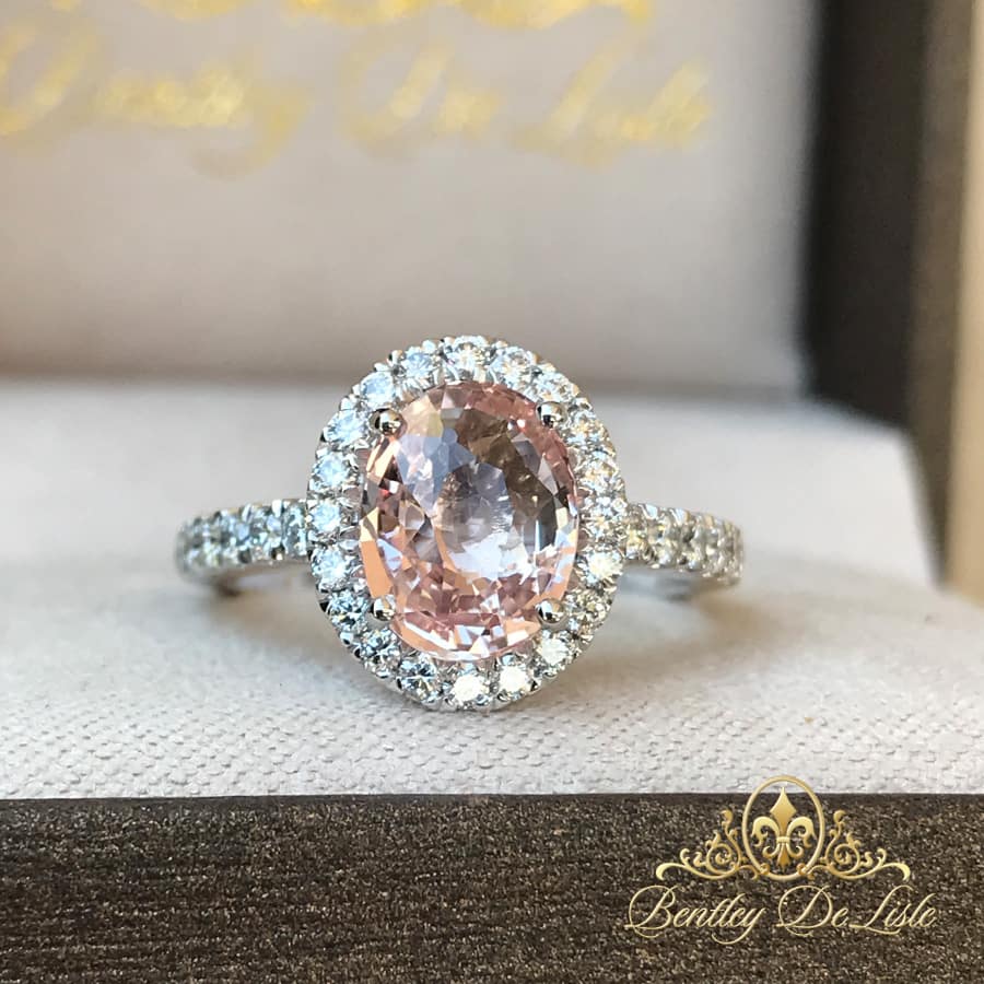 Peach Sapphire Halo Diamond Ring - Bentley De Lisle